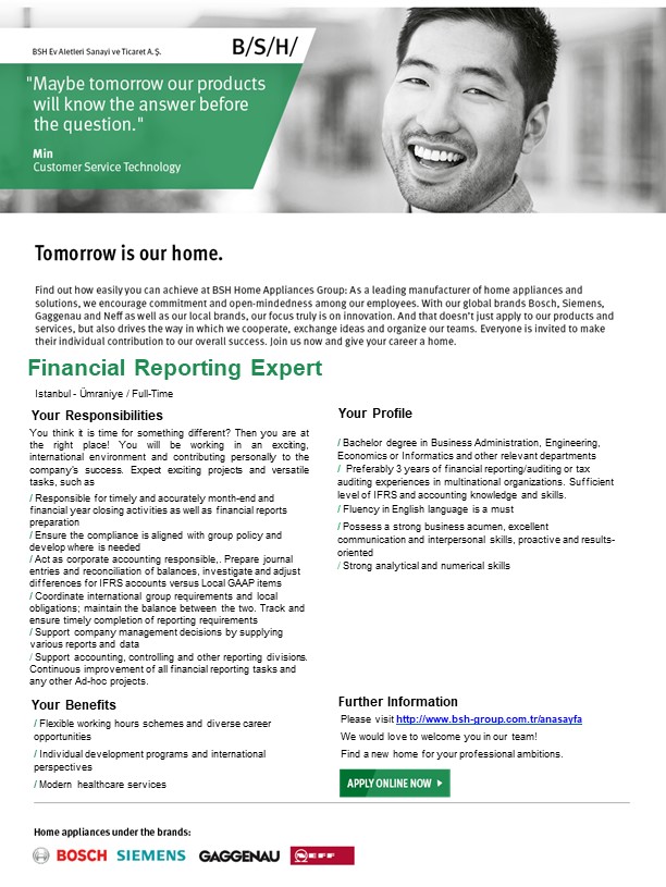 BSH Turkey Financial Reporting Expert İş İlanı - Kariyer.net
